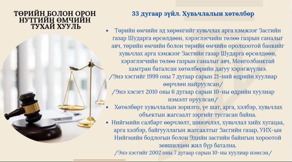 ТӨРИЙН БОЛОН ОРОН НУТГИЙН ӨМЧИЙН ТУХАЙ ХУУЛЬ 33 дугаар зүйл. Хувьчлалын ...